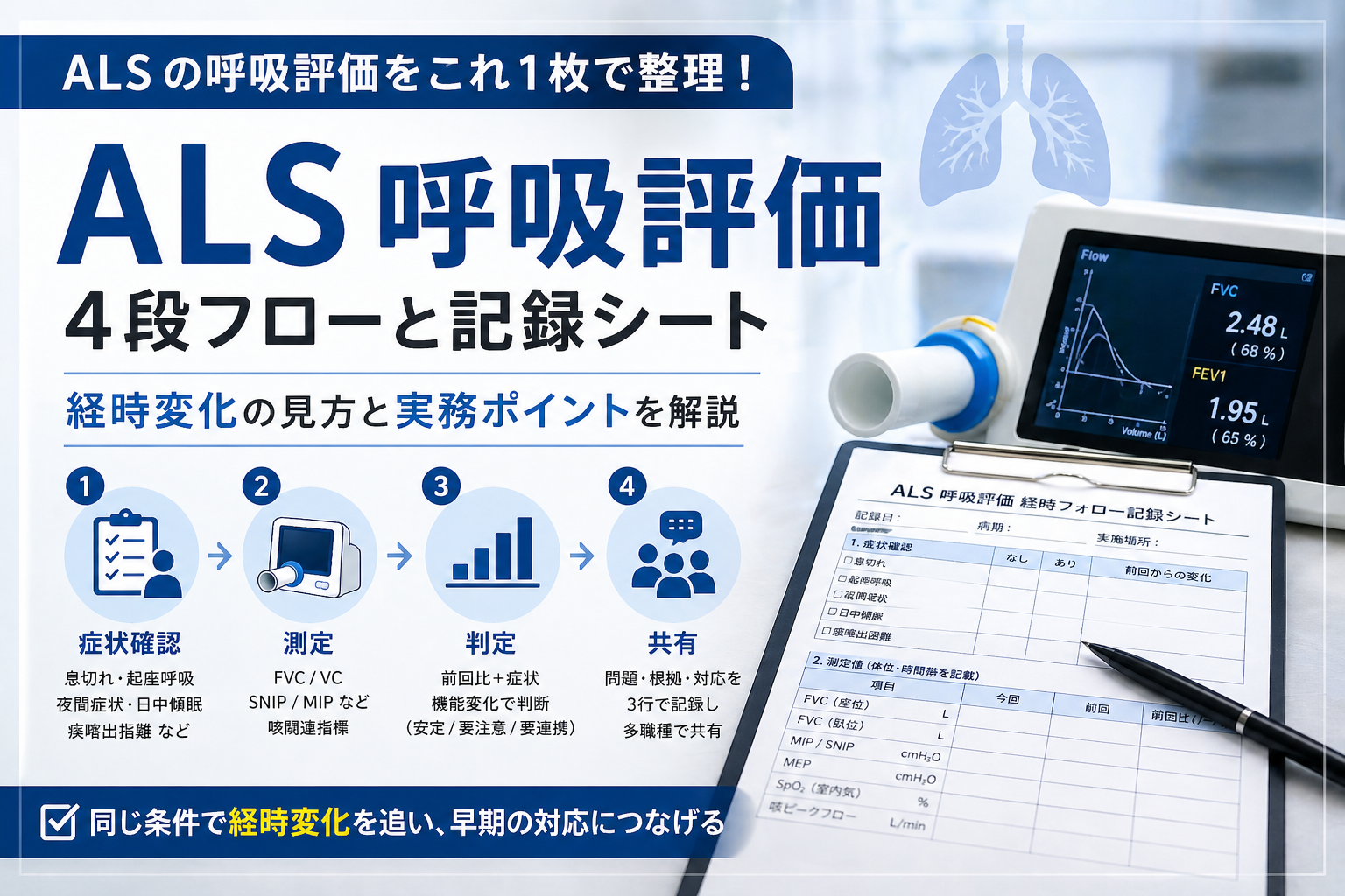 ALS 呼吸評価｜4 段フローで整理 | リハビリくん